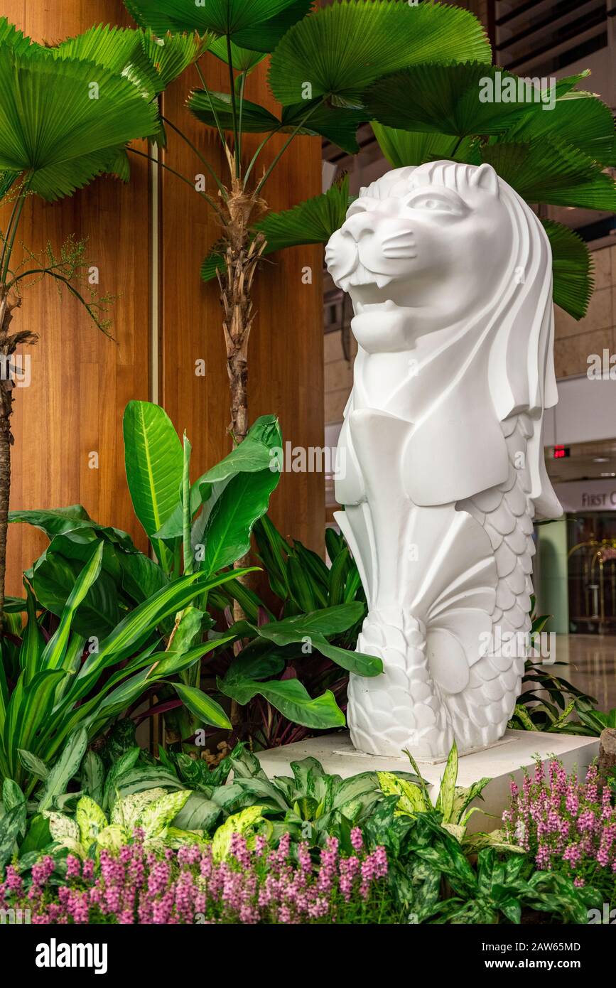Singapore, April, 2019. The Merlion sculpture at Singapore Changi ...