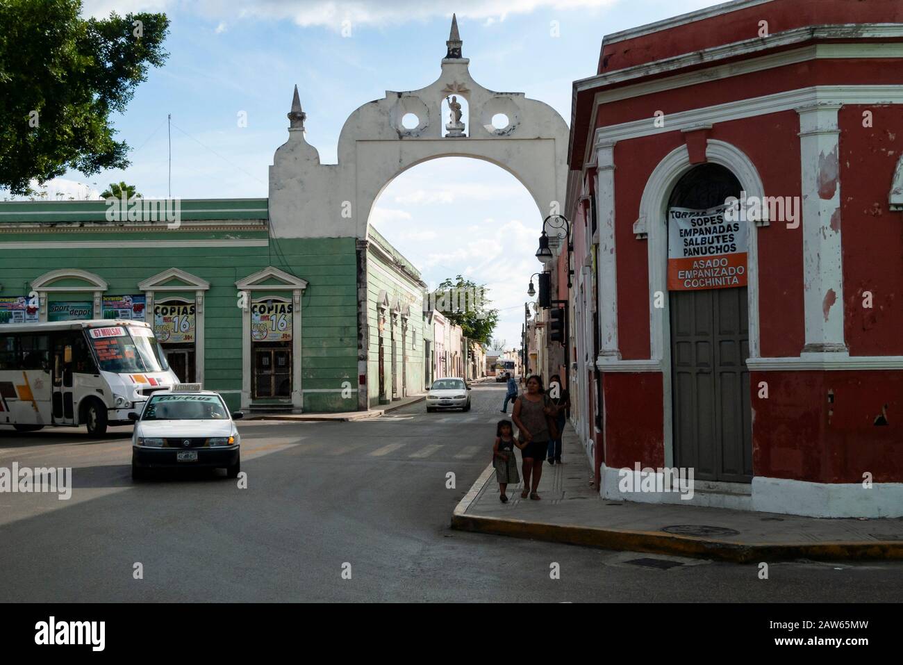 Spanish stone gates mark the center of town in Merida, Mexico ...
