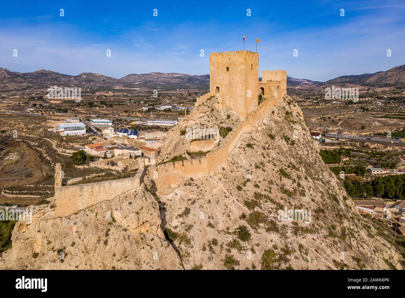 Aerial view of medieval restored Sax castle with two rectangular towers ...