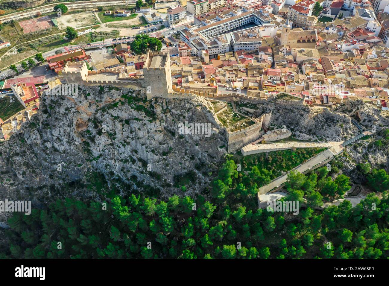Aerial view of medieval restored Sax castle with two rectangular towers ...