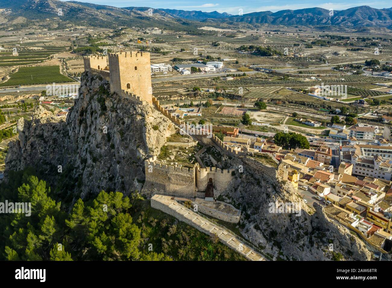 Aerial view of medieval restored Sax castle with two rectangular towers ...