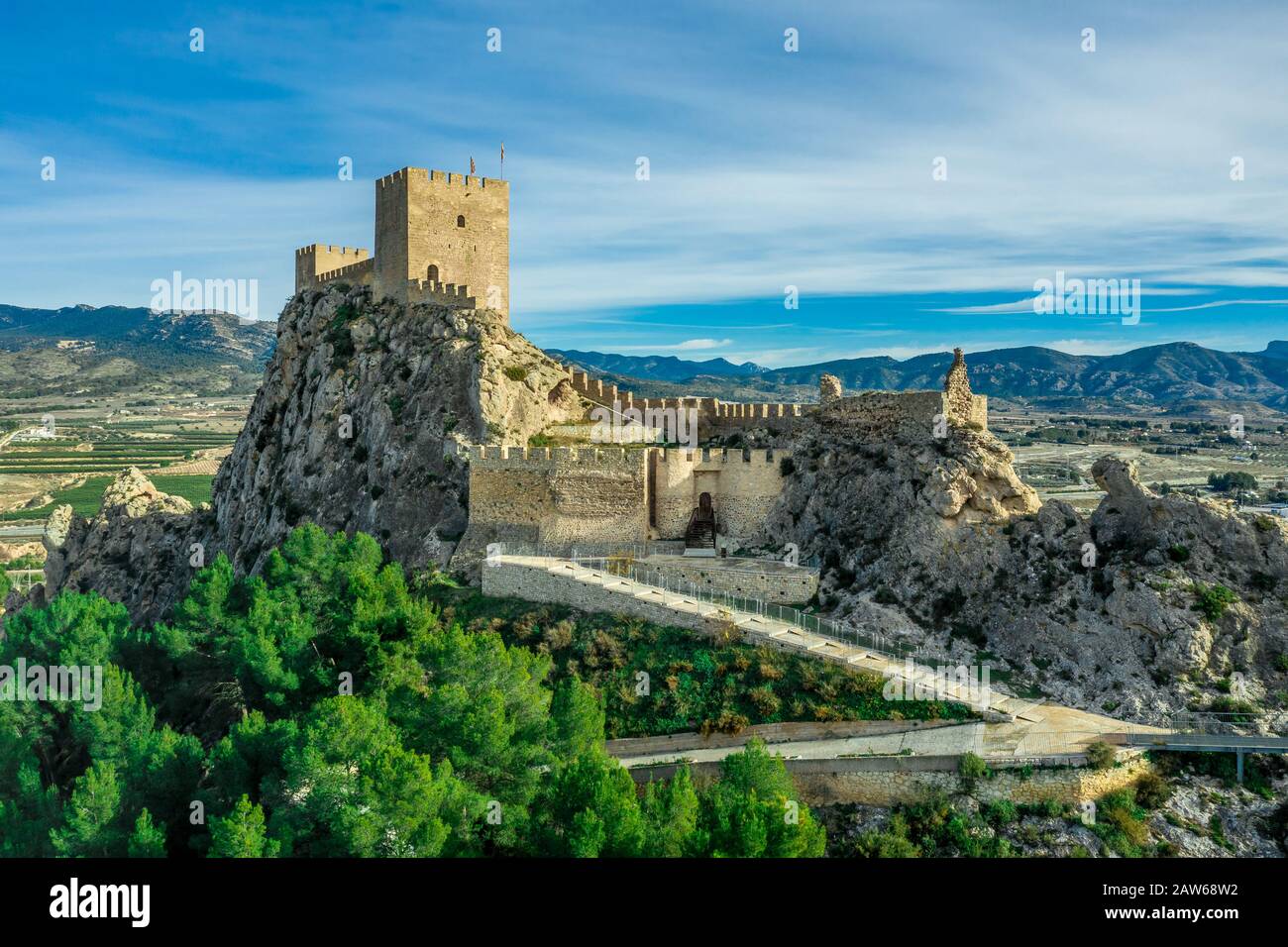 Aerial view of medieval restored Sax castle with two rectangular towers ...