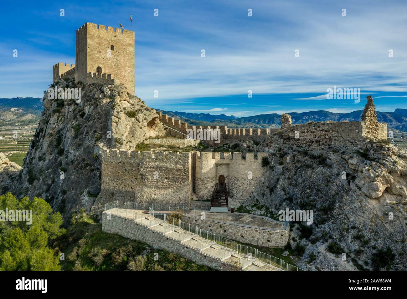 Aerial view of medieval restored Sax castle with two rectangular towers ...