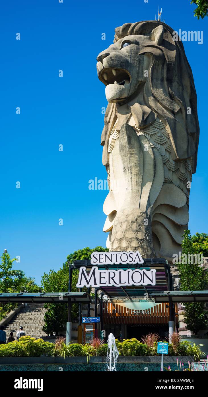 Singapore, April, 2019. View of the 37-metre-tall Merlion on Sentosa ...