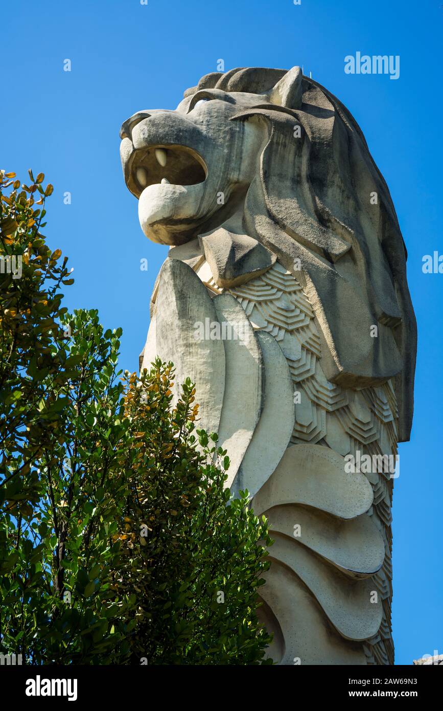Singapore, April, 2019. View of the 37-metre-tall Merlion on Sentosa ...