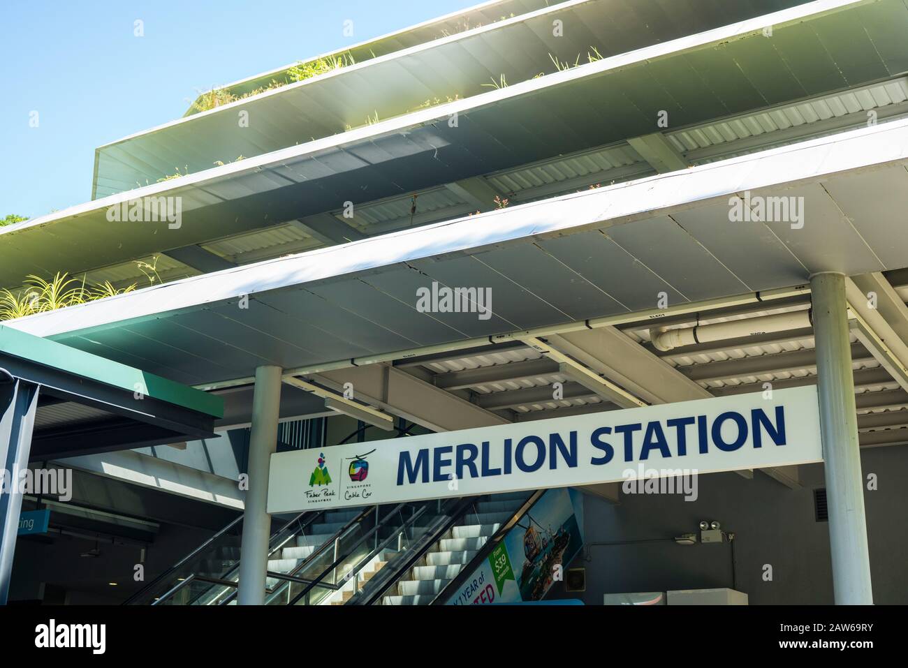 Singapore, April, 2019. Merlion station of Singapore Cable Car. It's a ...