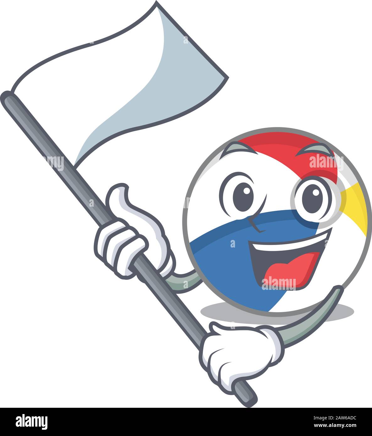 Funny beach ball cartoon character style holding a standing flag Stock ...