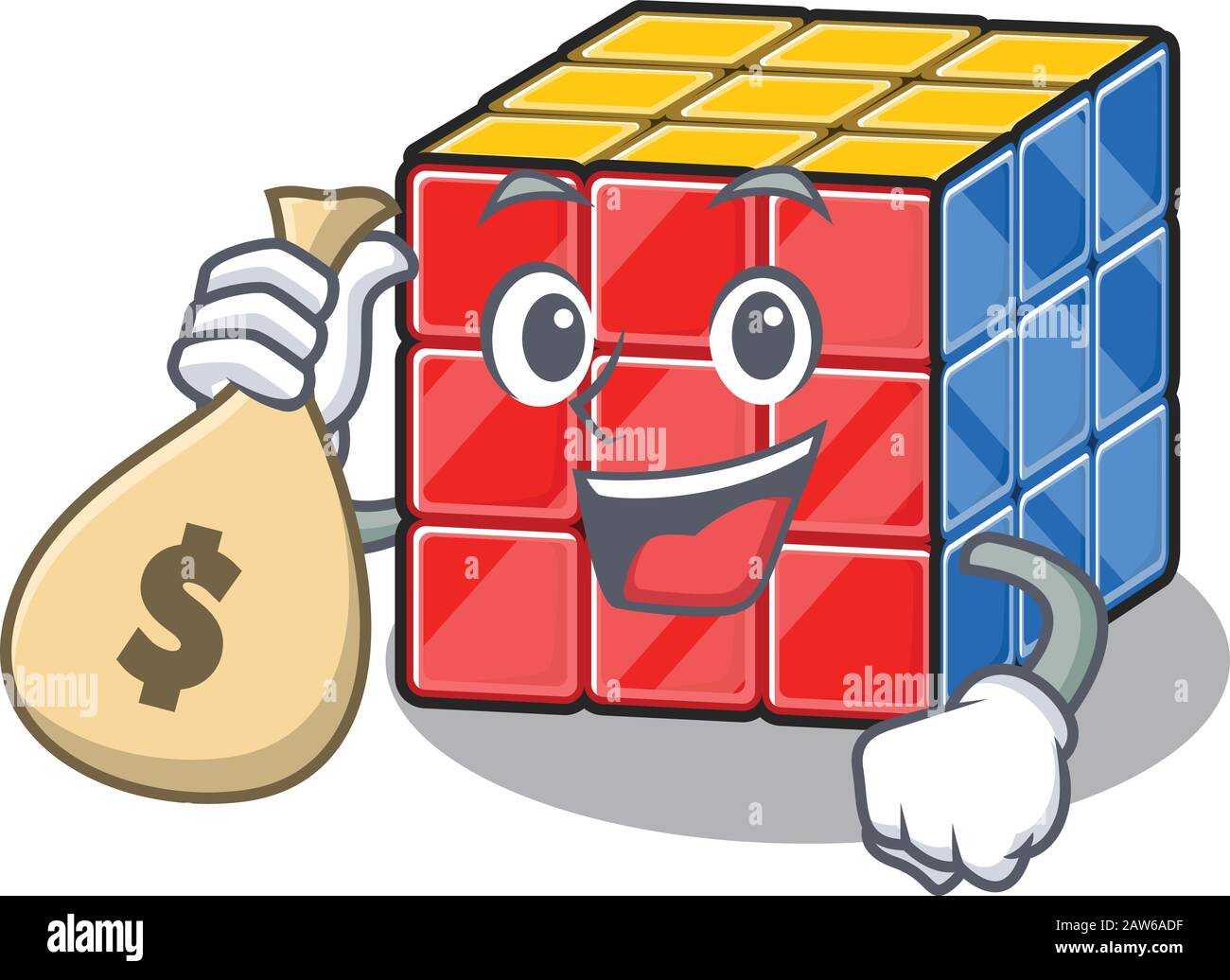 Rich and famous rubic cube cartoon character holding money bag Stock ...