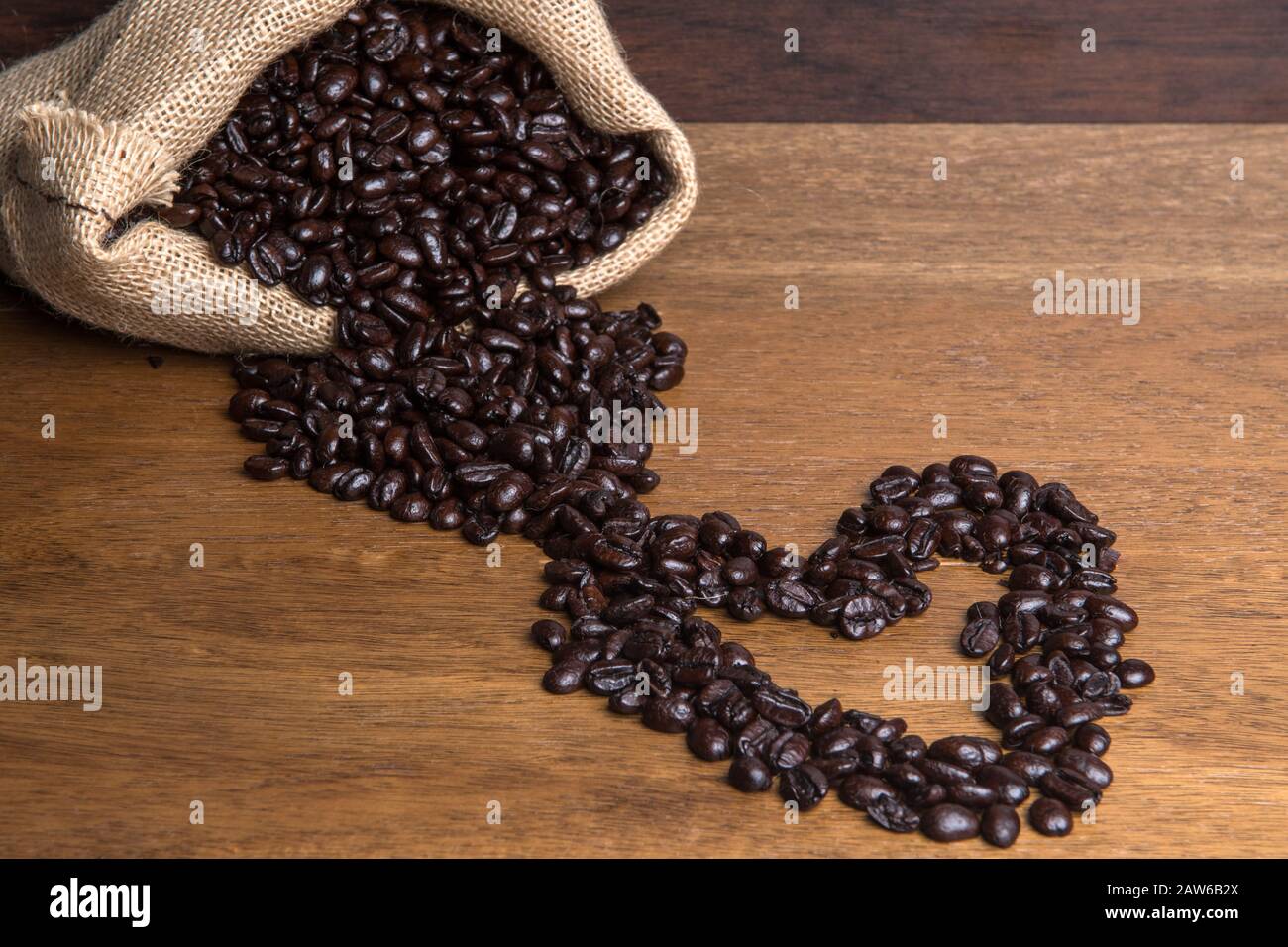 Coffee Beans form heart. Love of coffee. Jute Bag for Coffee Stock ...
