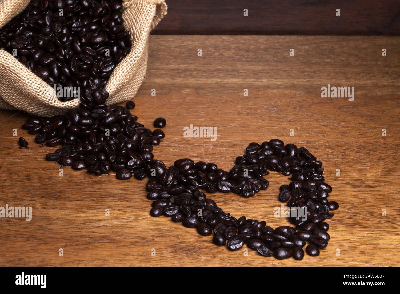 Coffee Beans form heart. Love of coffee. Jute Bag for Coffee Stock ...