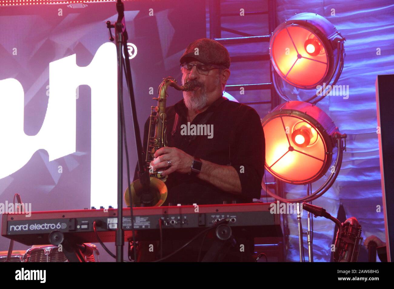 Steven Berlin of Los Lobos performs on stage at Gibson guitars booth ...