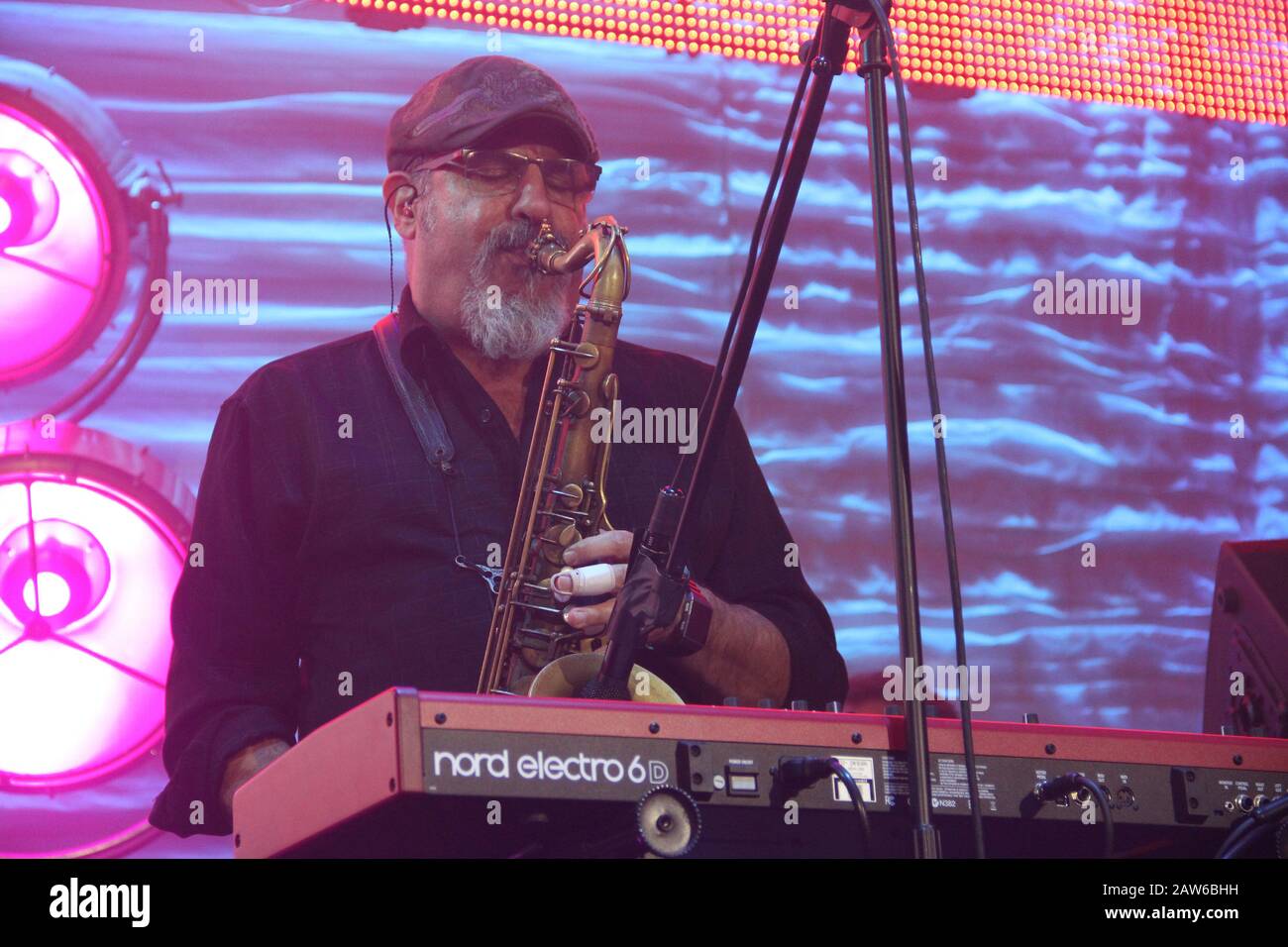 Steven Berlin of Los Lobos performs on stage at Gibson guitars booth ...