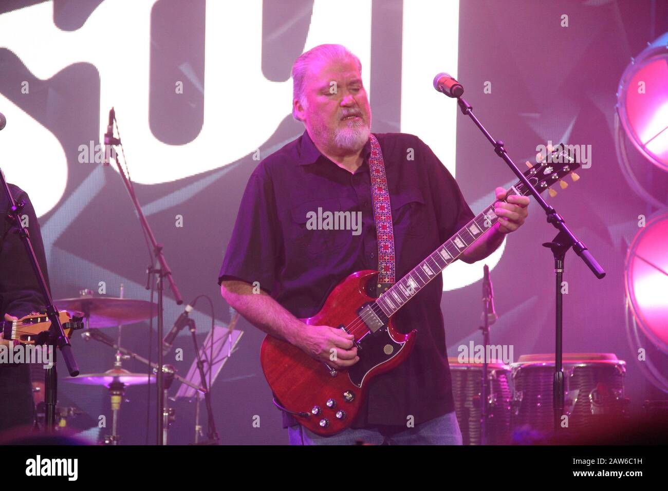 David Hidalgo of Los Lobos performs on stage at Gibson guitars booth ...