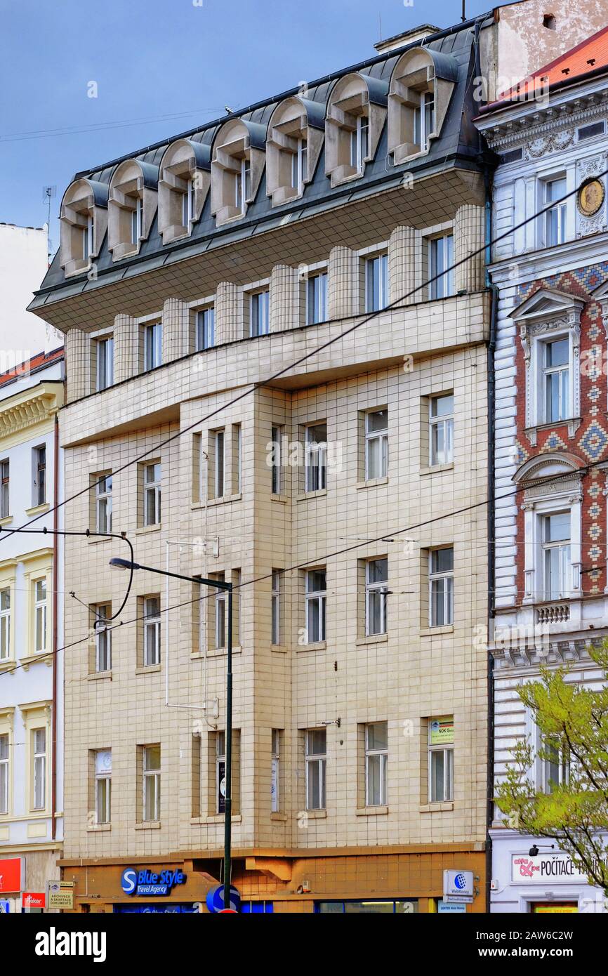 Cubist or, Czech Art Deco building Facade on Jindřišská, attic windows ...