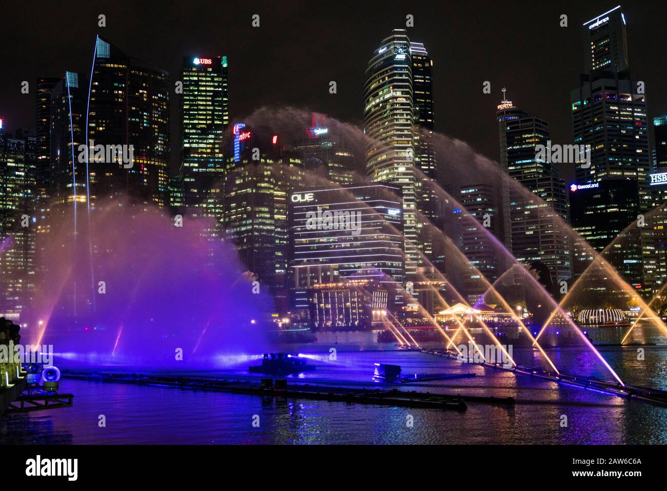 Singapore, April, 2019. The light and water show at Marina Bay Sands ...