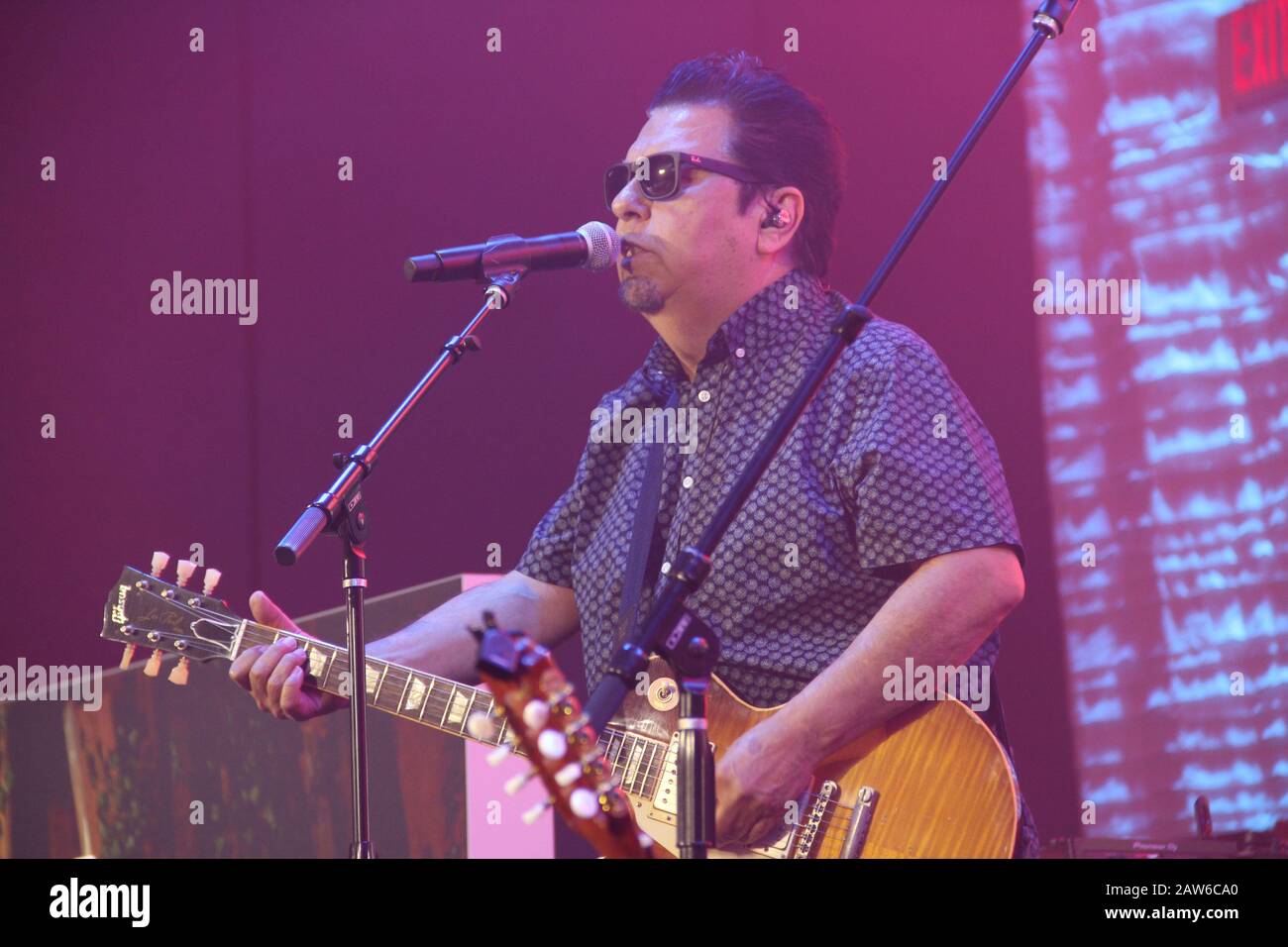 Cesar Rosas of Los Lobos performs on stage at Gibson guitars booth ...