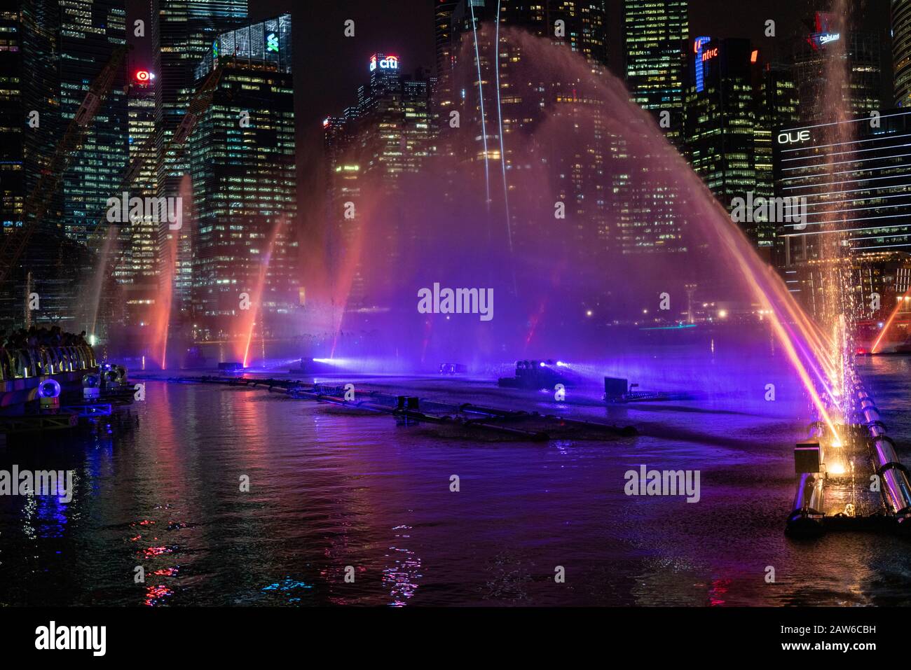 Singapore, April, 2019. The light and water show at Marina Bay Sands ...