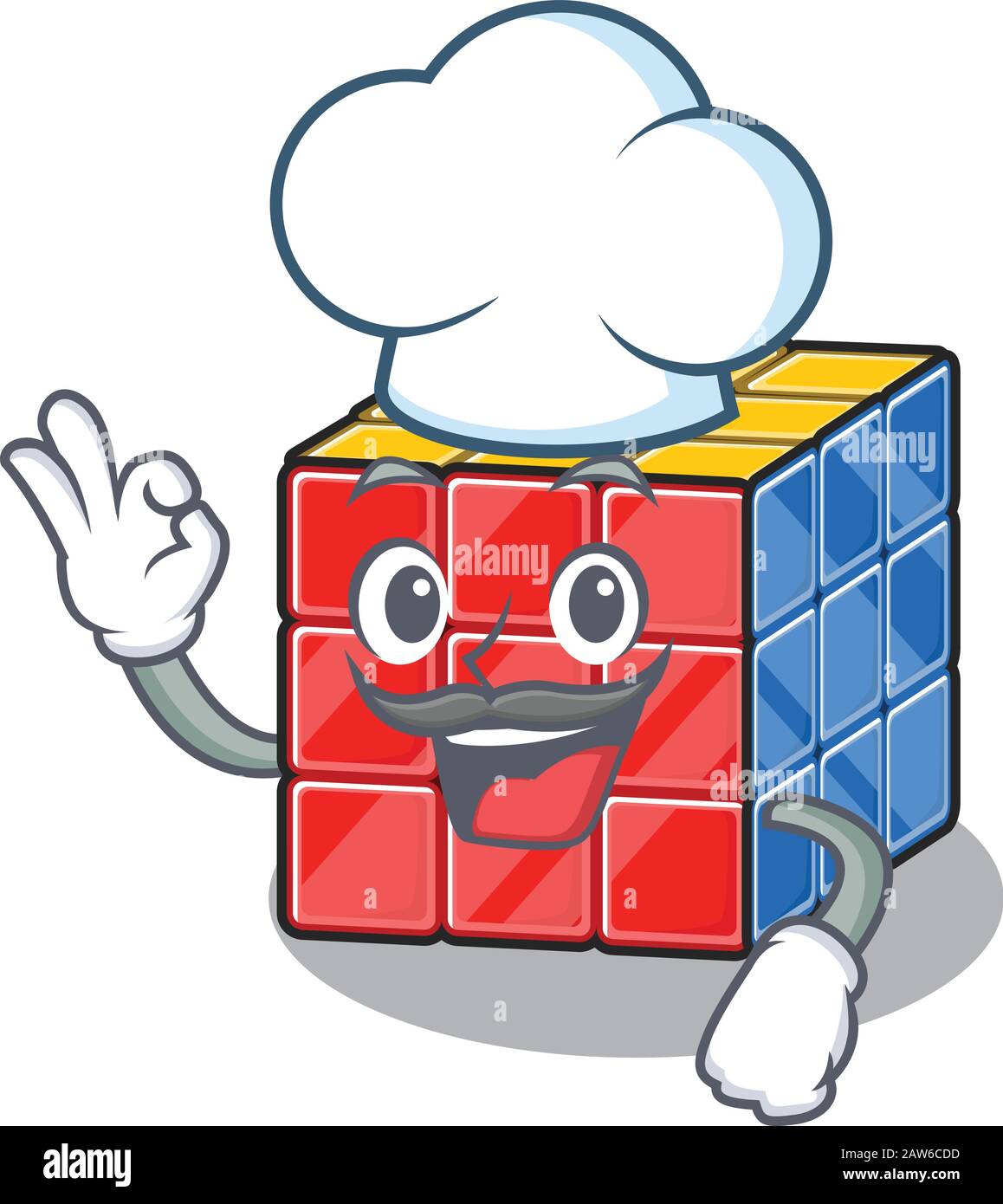 Rubic cube cartoon character working as a chef and wearing white hat ...