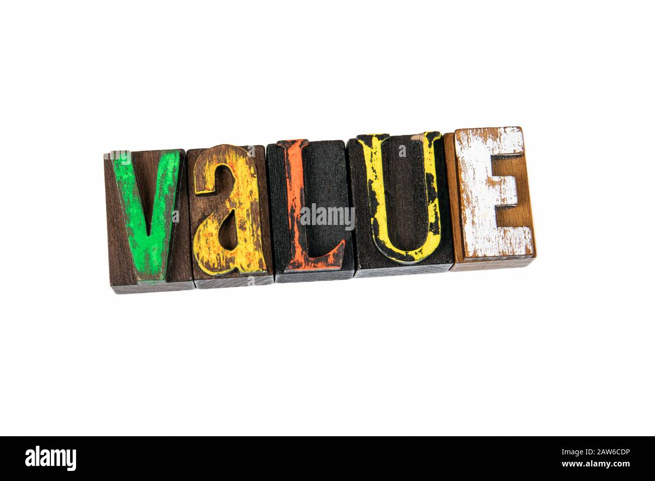 Value. Mission, Vision, Ethics and Customers concept. Colored wooden ...