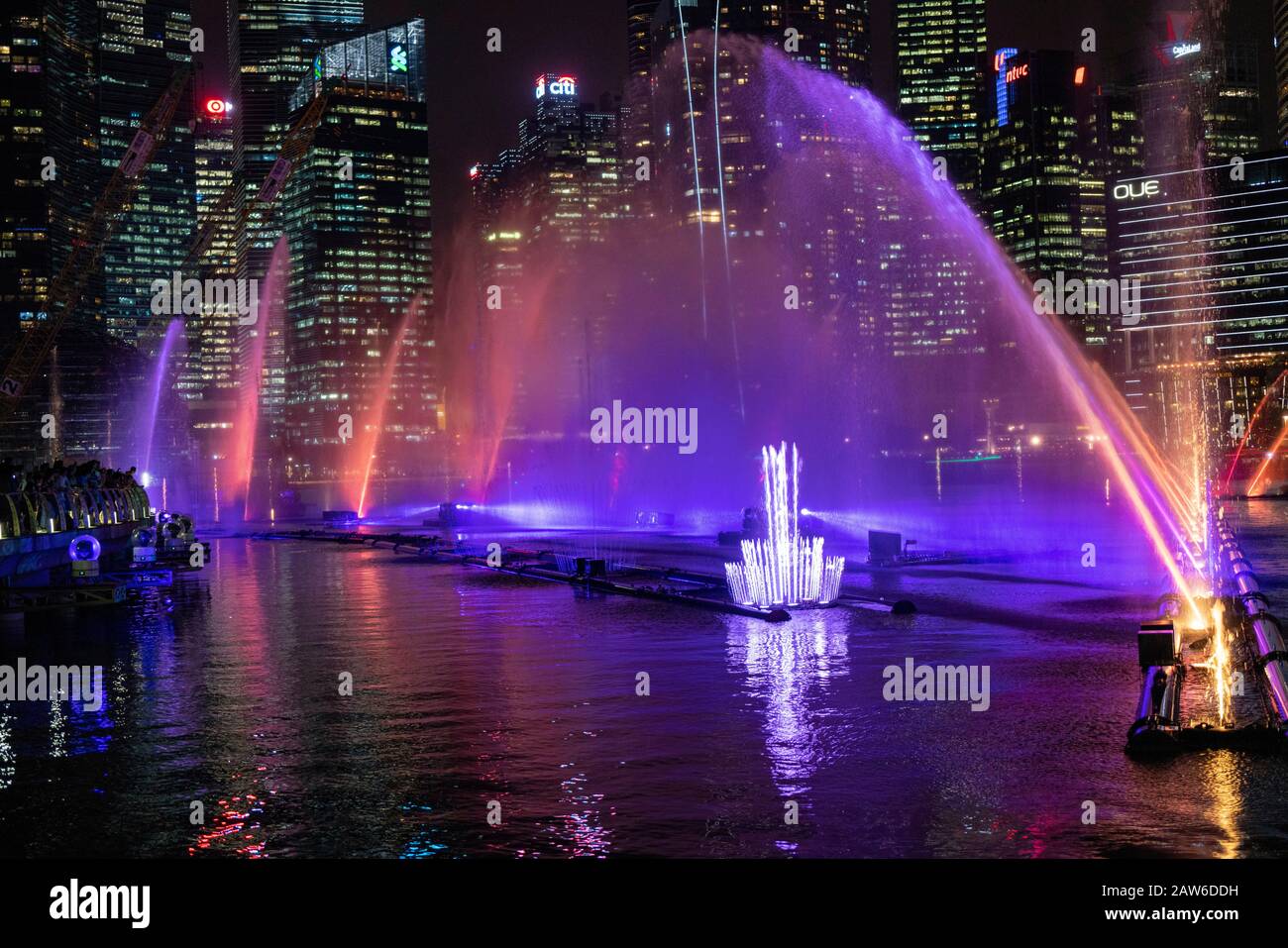 Singapore, April, 2019. The light and water show at Marina Bay Sands ...