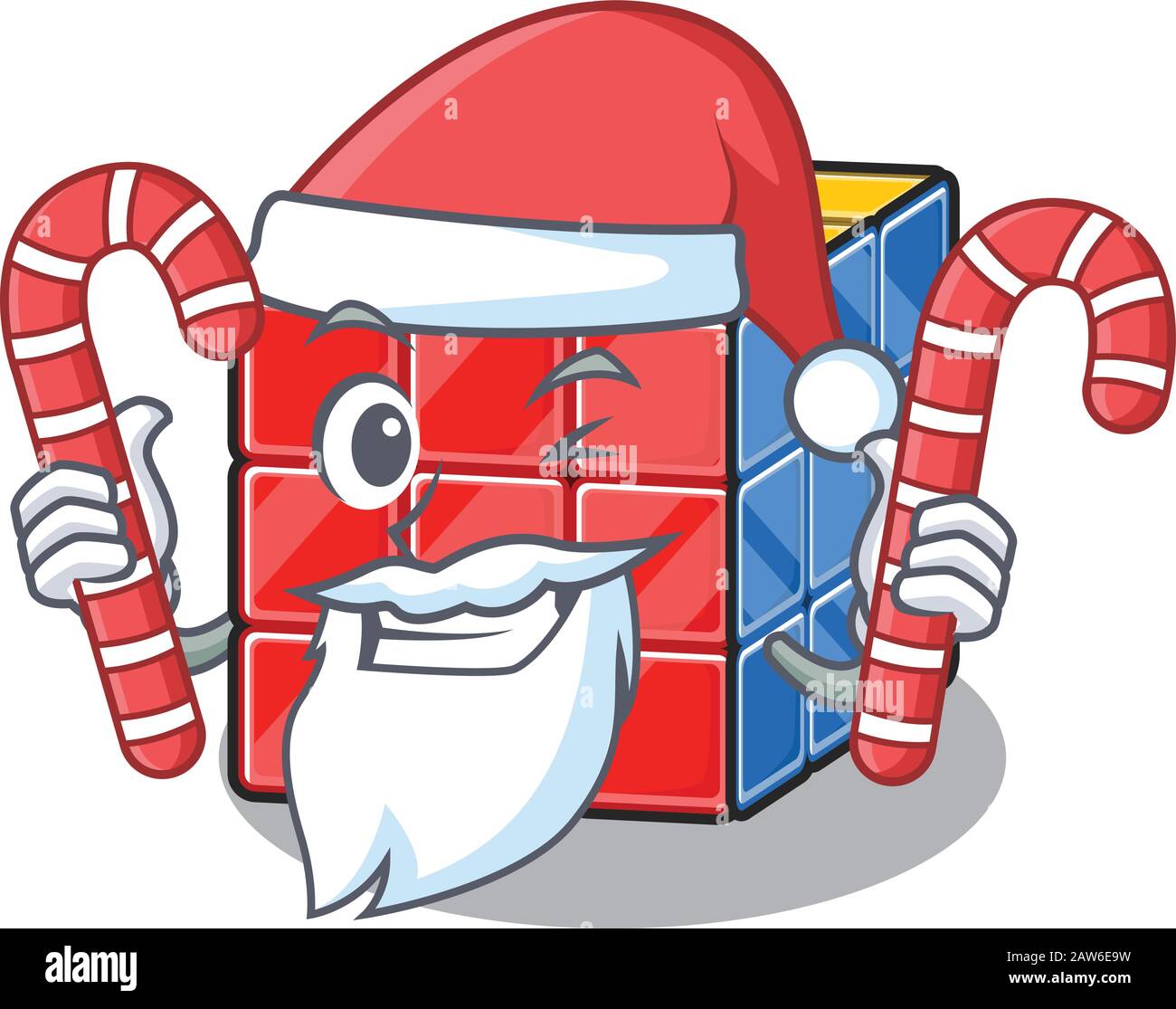 Rubic cube Cartoon character wearing Santa costume bringing a candy ...