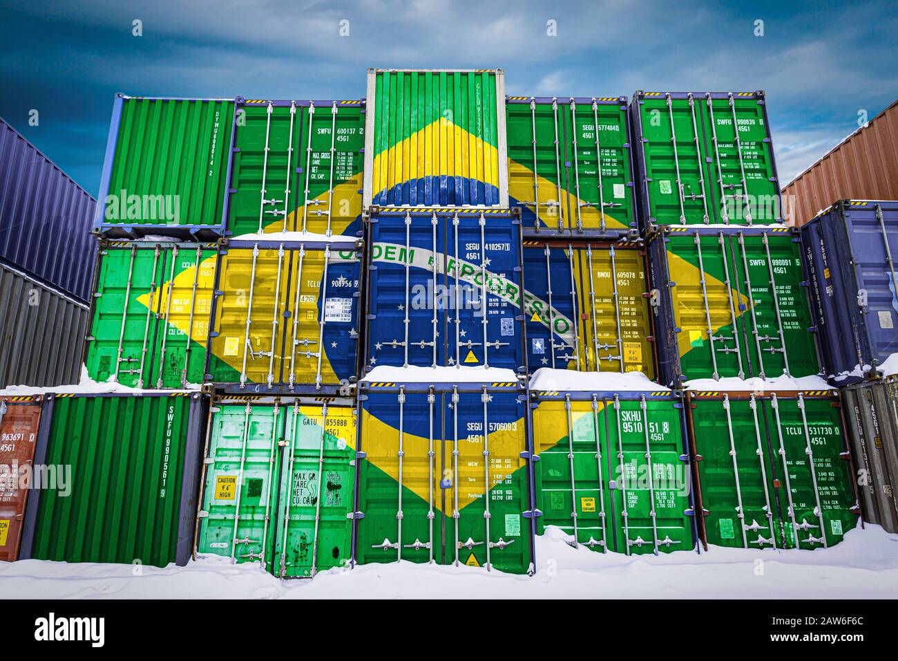 The national flag of Brazil on a large number of metal containers for ...