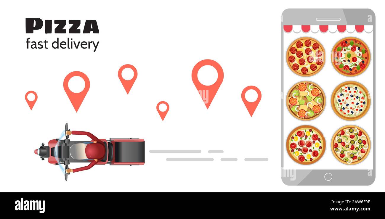 Fast and free delivery by scooter top view. Vector cartoon illustration ...