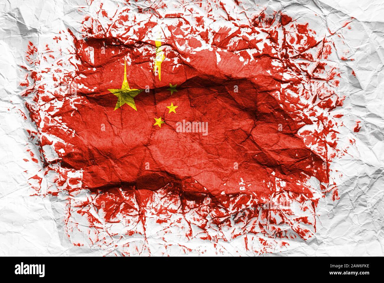 The national flag of the China is painted on crumpled paper. Flag ...