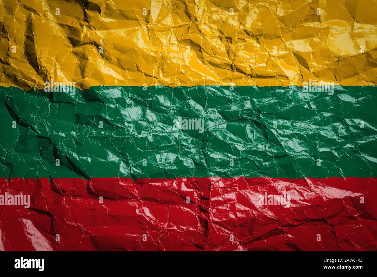 National flag of Lithuania on crumpled paper. Flag printed on a sheet ...