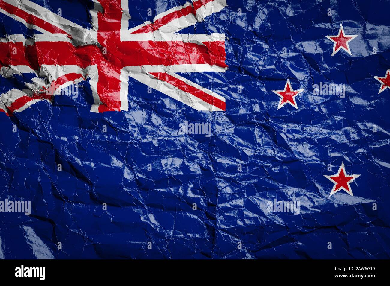 National flag of New Zealand on crumpled paper. Flag printed on a sheet ...