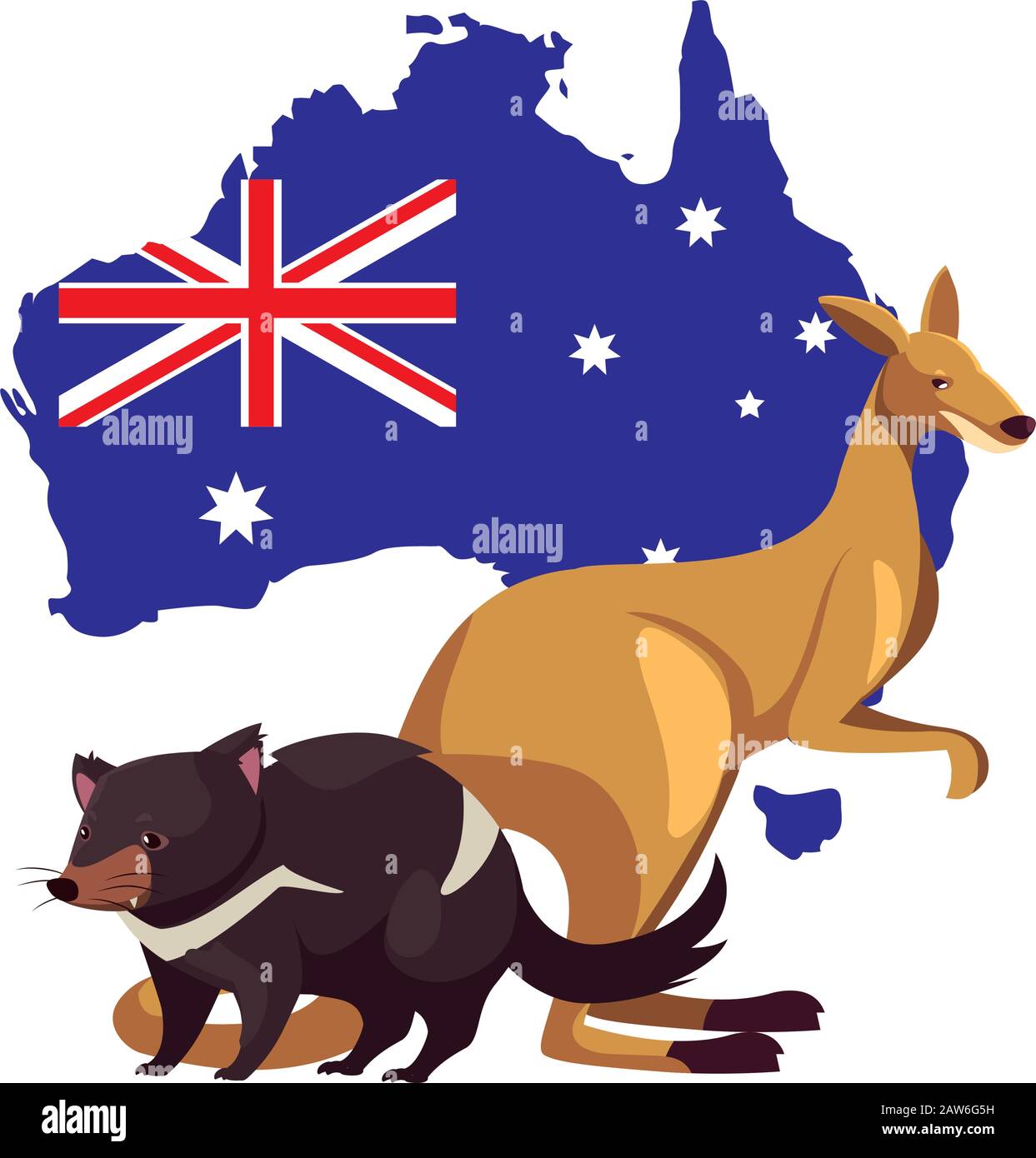 kangaroo and tasmanian devil with map of australia in the background ...
