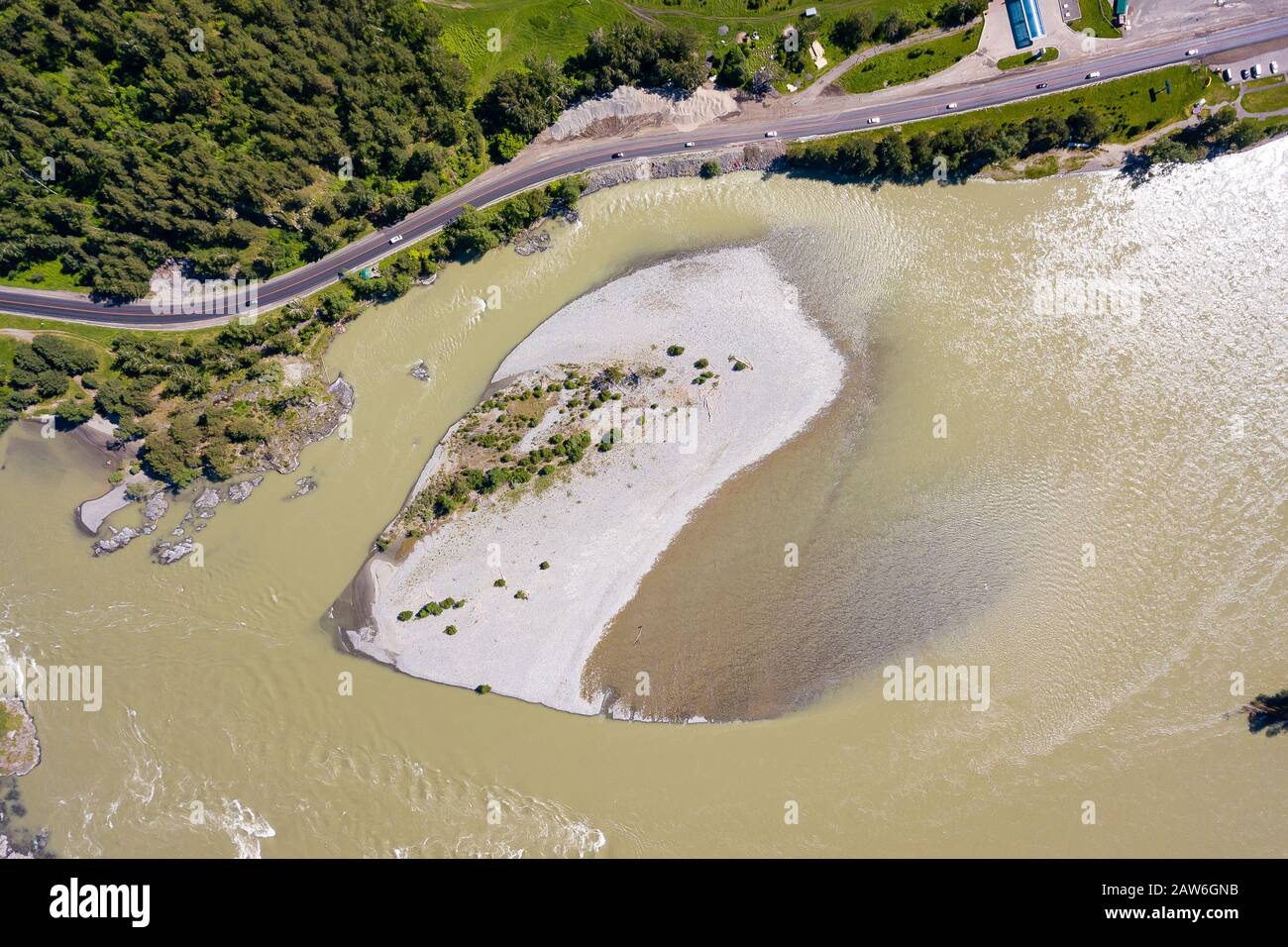 Upper aerial view of the Katun river in the Altai mountains, Russia ...