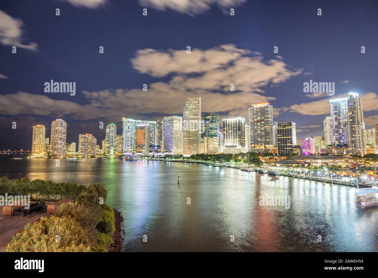 Miami at night. Amazing view of Downtown buildings from Port Boulevard ...