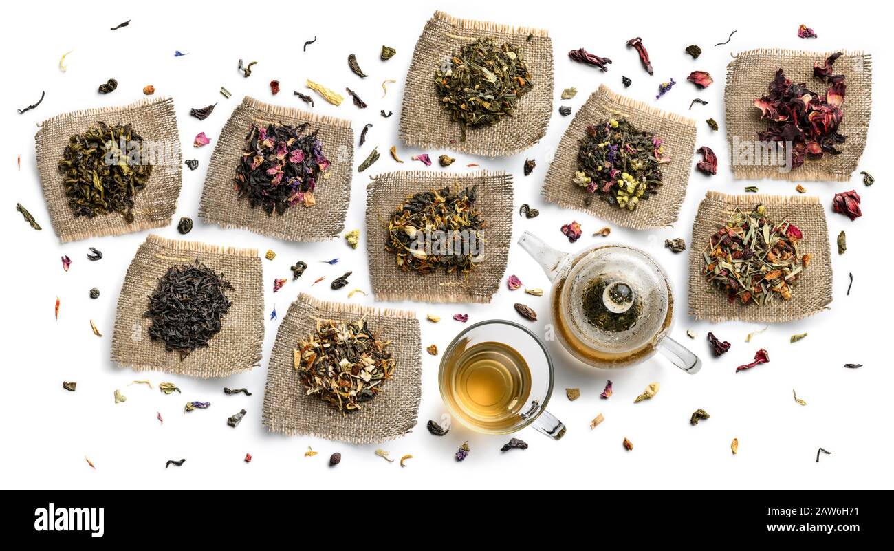 Large assortment of tea on a white background. The view from the top ...