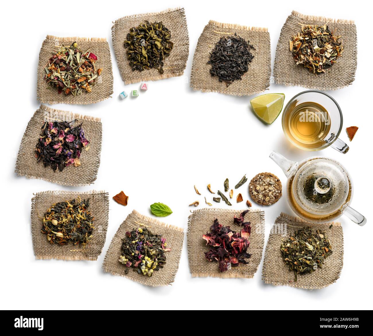 Large assortment of tea on a white background. The view from the top ...