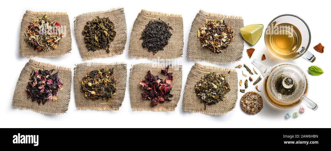 Large assortment of tea on a white background. The view from the top ...
