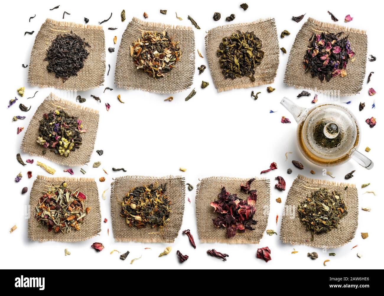 Large assortment of tea on a white background. The view from the top ...