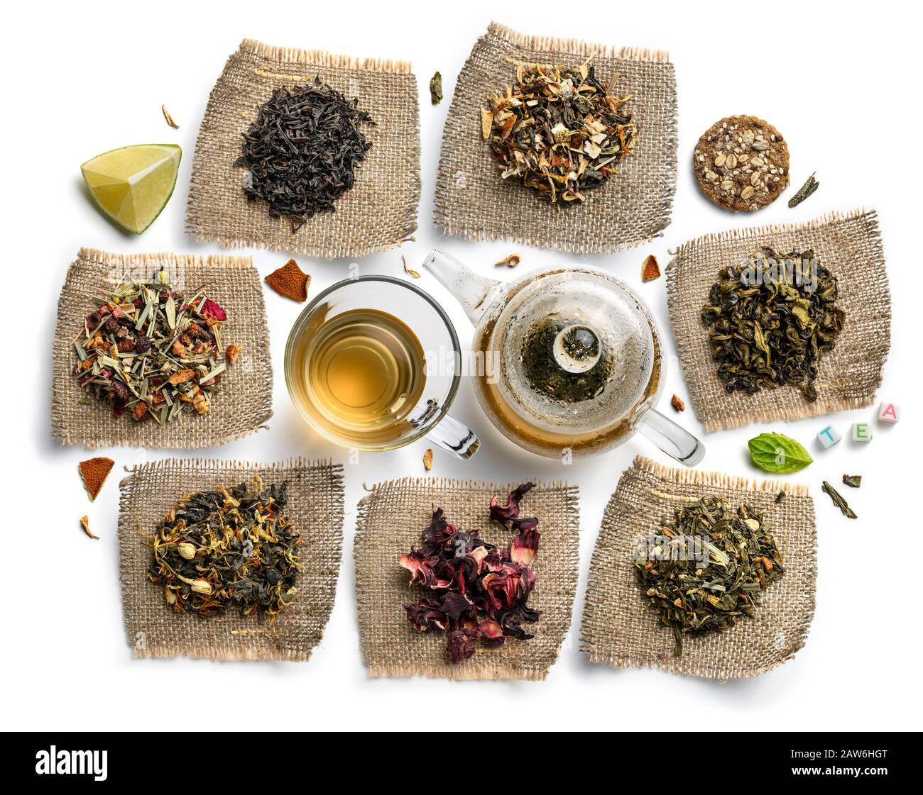 Large assortment of tea on a white background. The view from the top ...