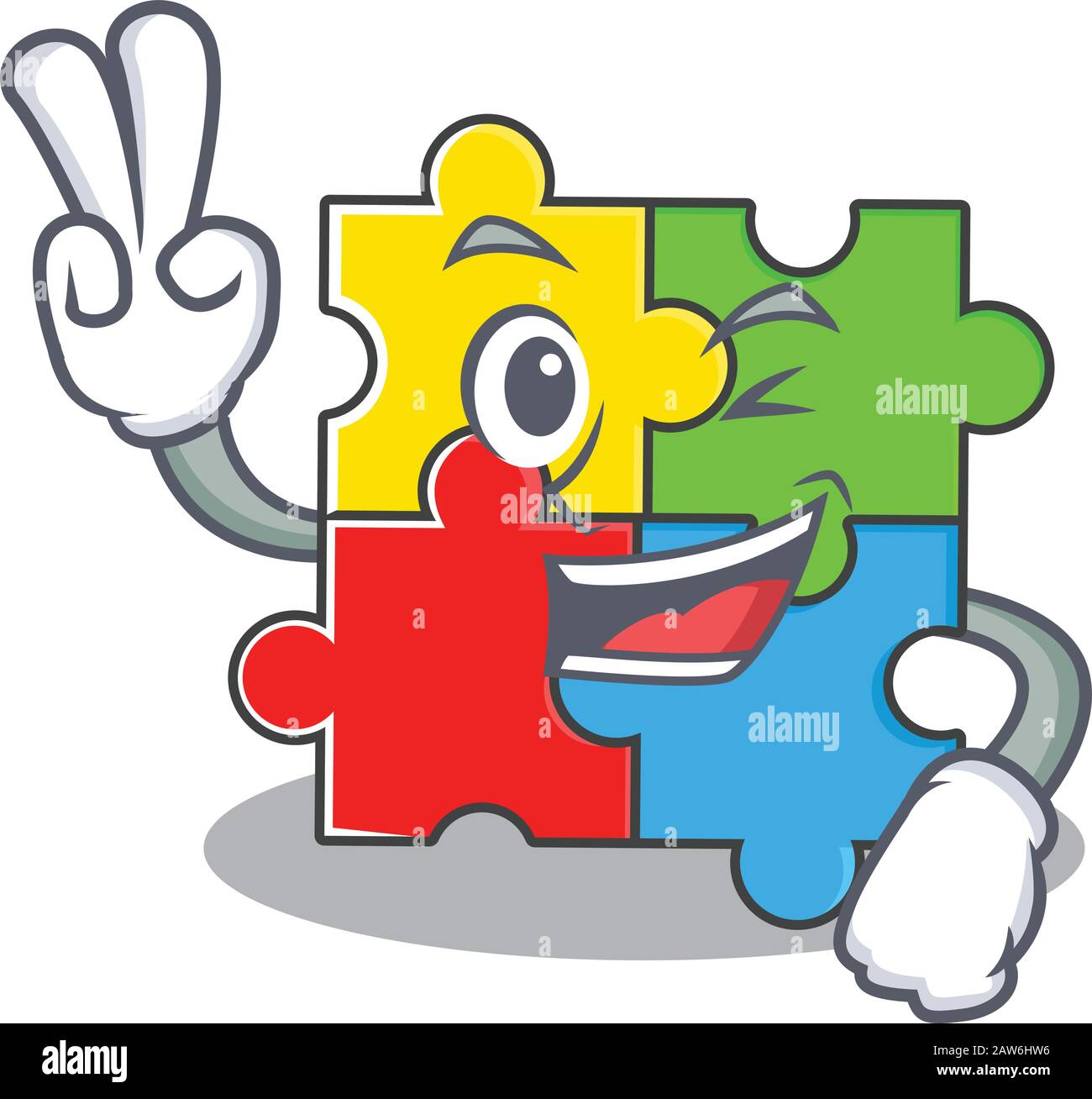 mascot of funny puzzle toy cartoon Character with two fingers Stock ...