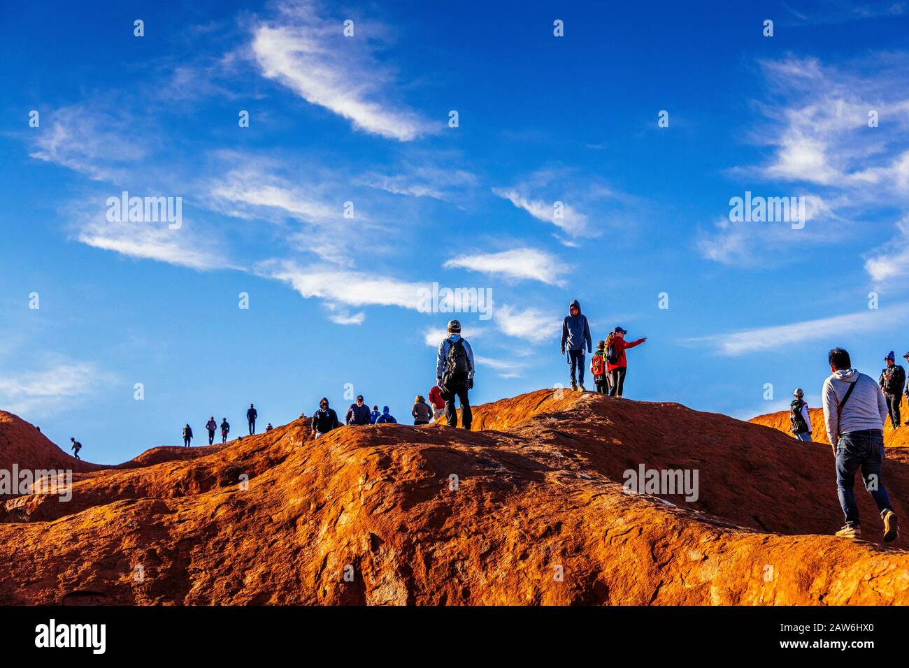 Tourists climb over the steep undulating terrain on top of Uluru ...
