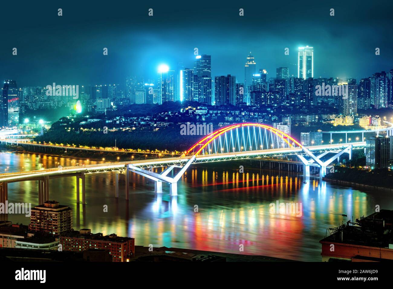 Chongqing architectural scenery and rivers and sky at night Stock Photo ...