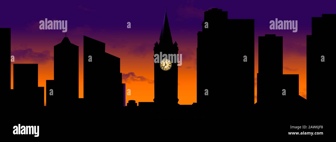 A clock tower is seen silhouetted at sunset with it’s lighted clock ...