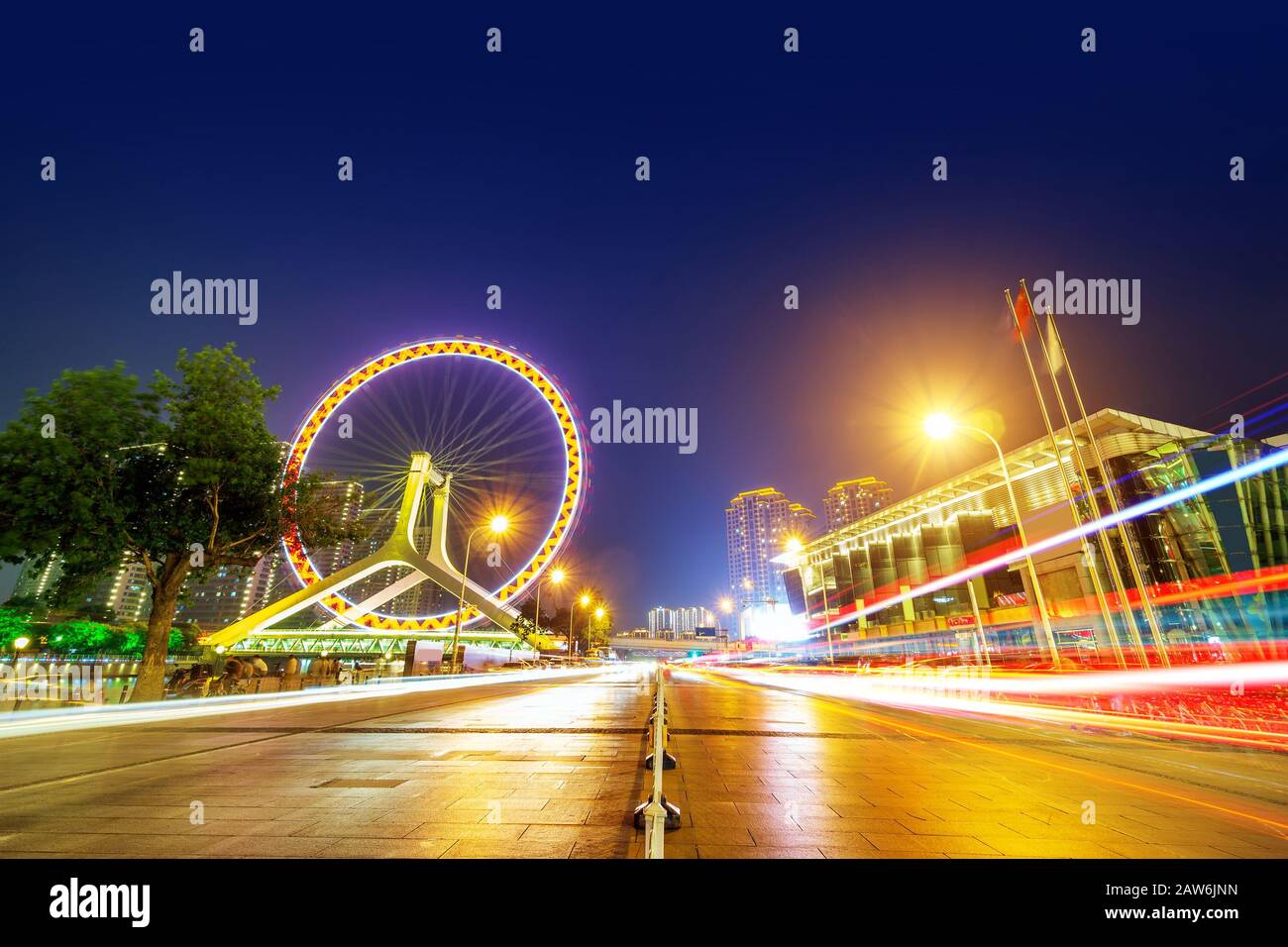 Night scene cityscape of Tianjin ferris wheel,Tianjin eyes in twilight ...