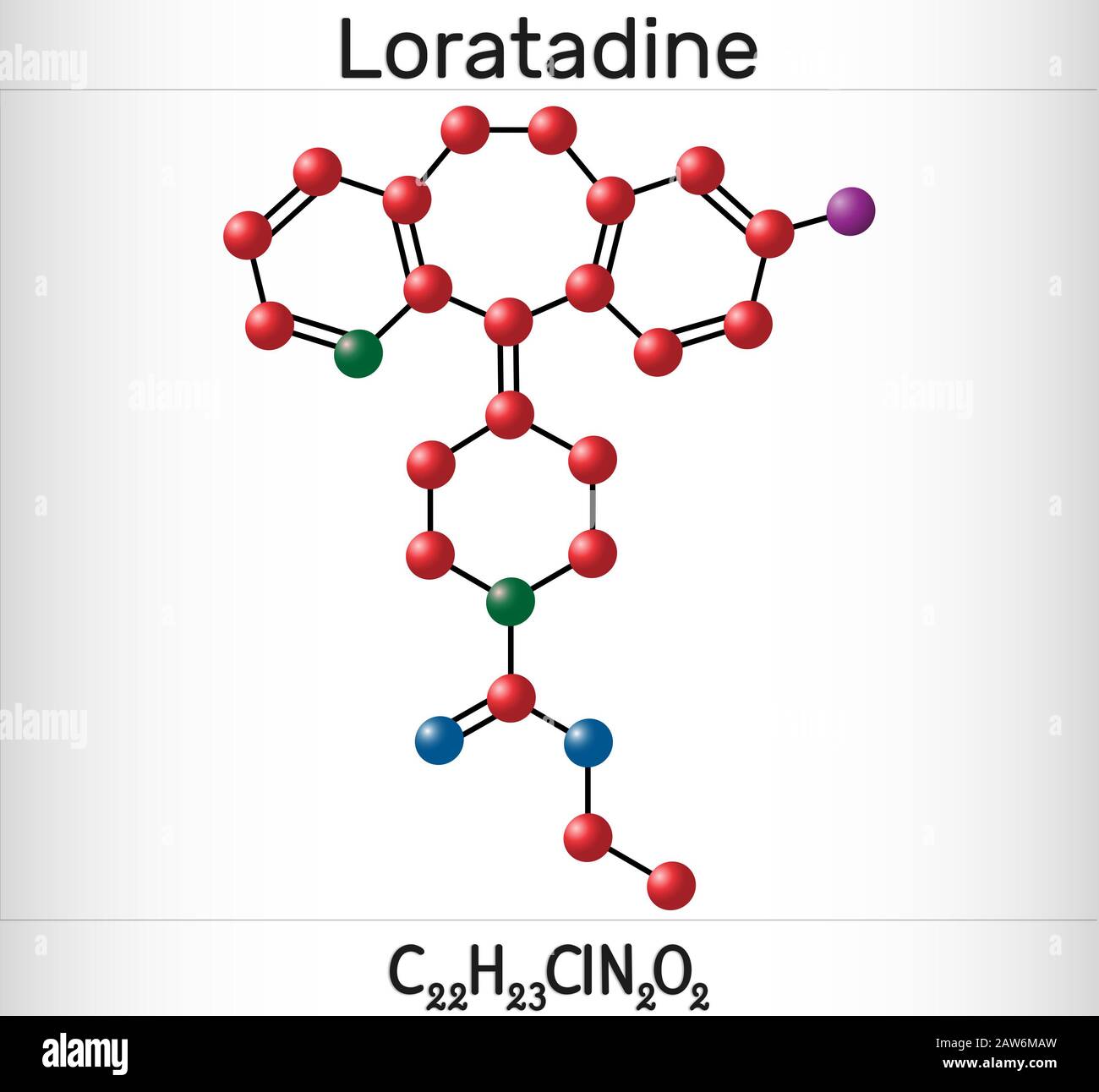 Loratadine C22H23ClN2O2 molecule. It is antihistamine, is used to treat ...