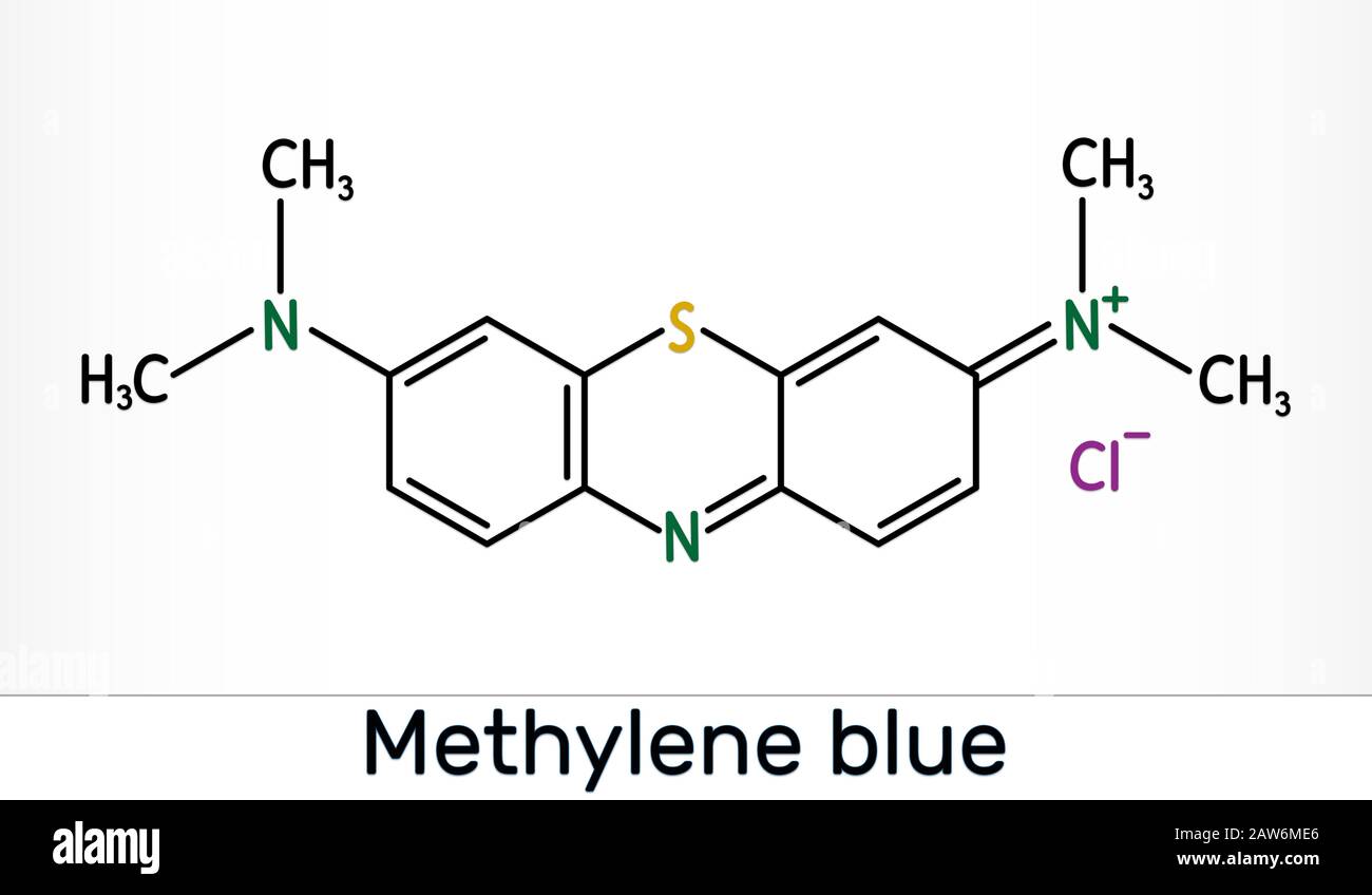 Methylene blue, methylthioninium chloride, C16H18ClN3S molecule. It is ...