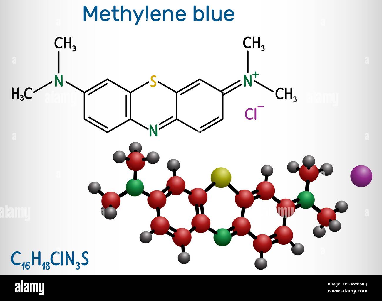 Methylene blue, methylthioninium chloride, C16H18ClN3S molecule. It is ...