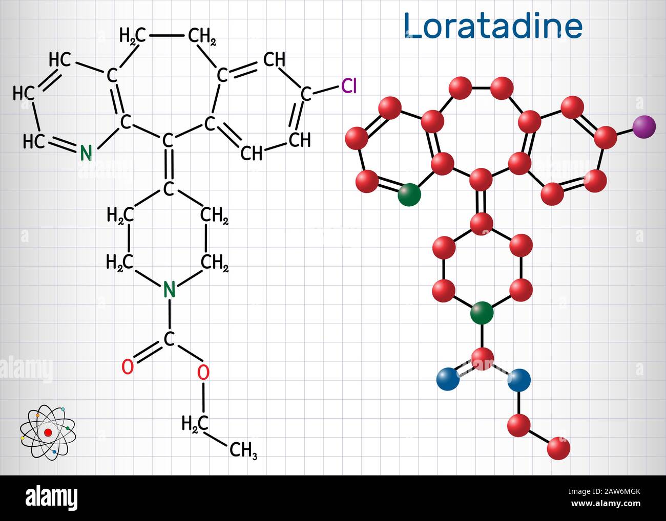 Loratadine C22H23ClN2O2 molecule. It is antihistamine, is used to treat ...
