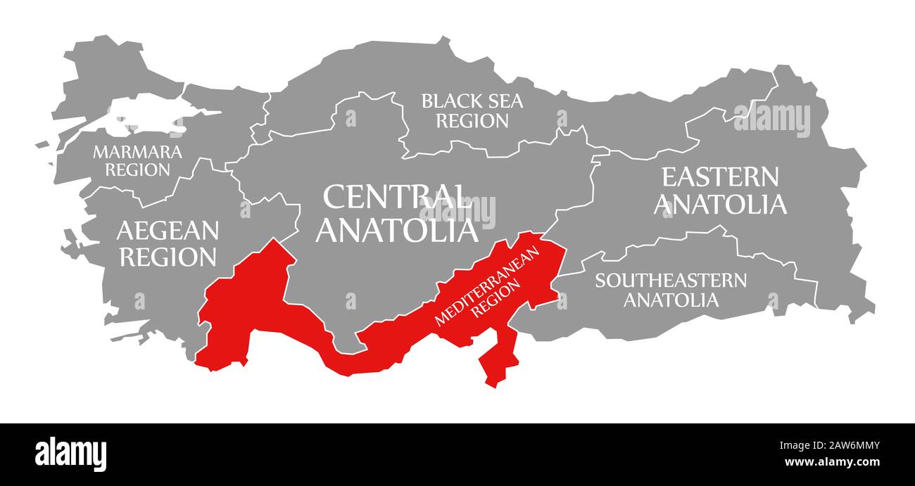 Mediterranean Region red highlighted in map of Turkey Stock Photo - Alamy