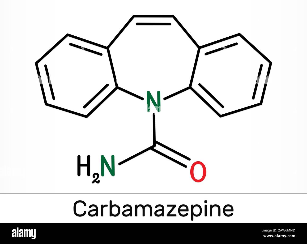 Carbamazepine, CBZ, C15H12N2O molecule. It is anticonvulsant and ...