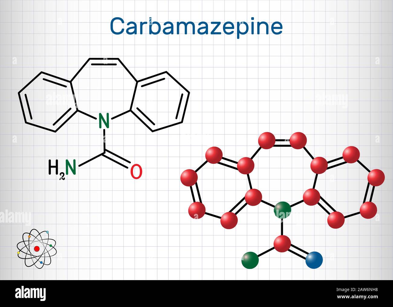 Carbamazepine, CBZ, C15H12N2O molecule. It is anticonvulsant and ...
